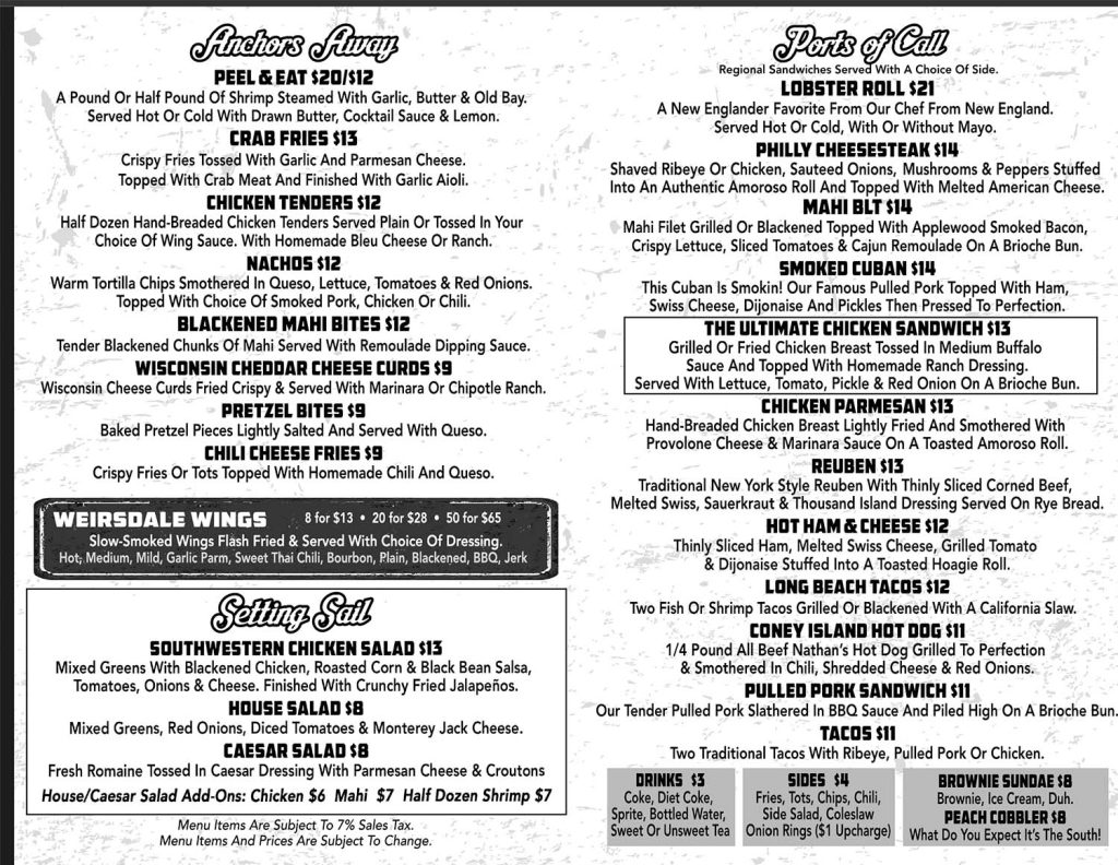 Our Menu - The Anchor on Sunset Harbor
